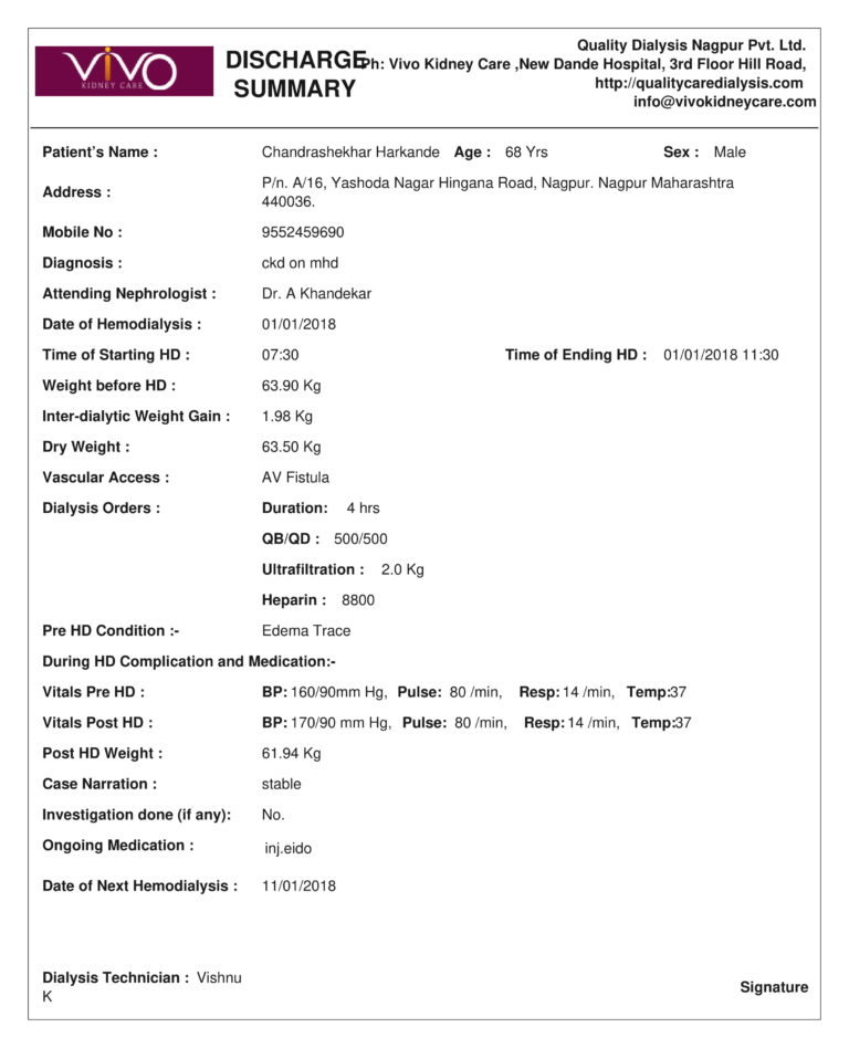 Dialysis Discharge summary – NewCastle Technologies